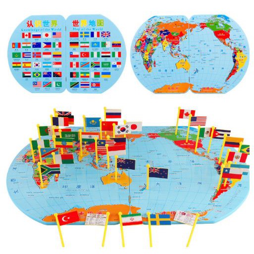 Wooden World Map With Flags - Biblu box