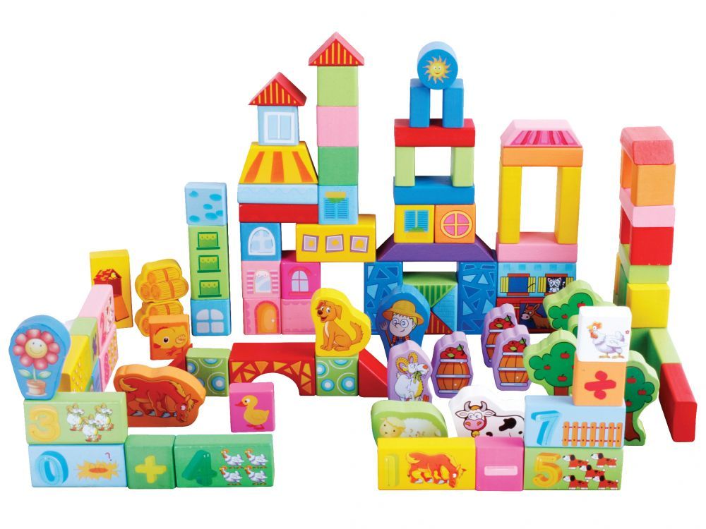 100pcs-Wooden Farm Animals Building Blocks - Biblu box