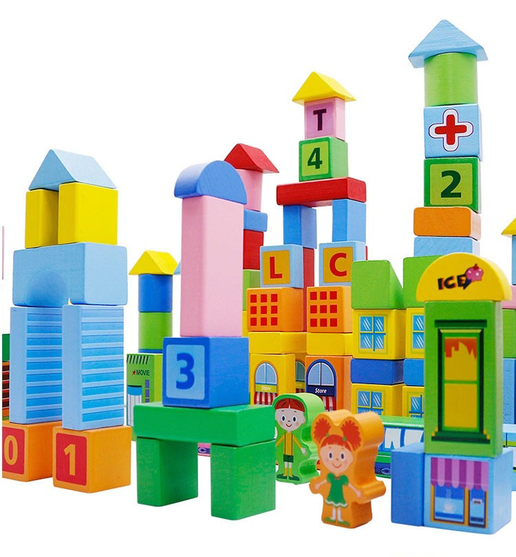100 Pcs - Wooden Town Block Set - Biblu box